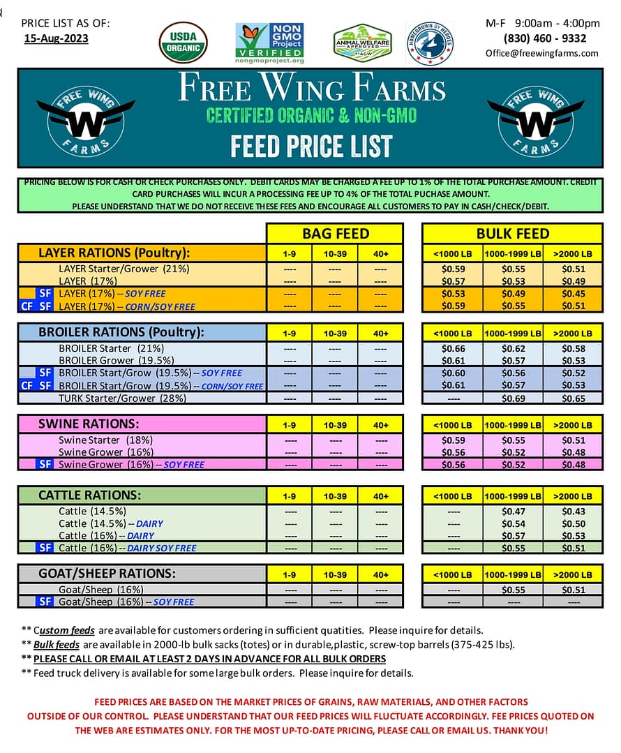 Prices - Free Wing Farms